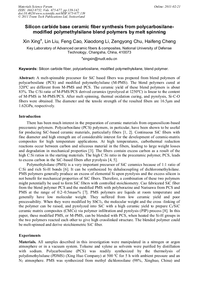 Silicon Carbide Base Ceramic Fiber Synthesis from Polycarbosilane ...