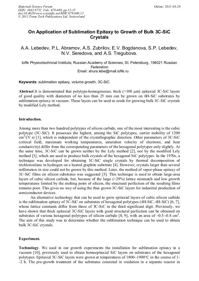 On Application of Sublimation Epitaxy to Growth of Bulk 3C-SiC Crystals | Scientific.Net