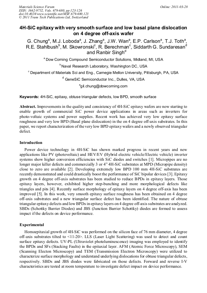 4H-SiC Epitaxy with Very Smooth Surface and Low Basal Plane Dislocation on 4 Degree Off-Axis ...