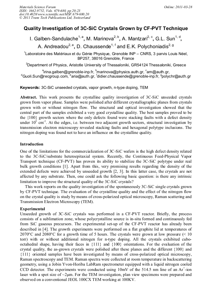 Quality Investigation of 3C-SiC Crystals Grown by CF-PVT Technique | Scientific.Net