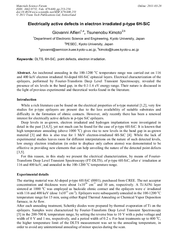 Electrically Active Defects in Electron Irradiated P-Type 6H-SiC | Scientific.Net