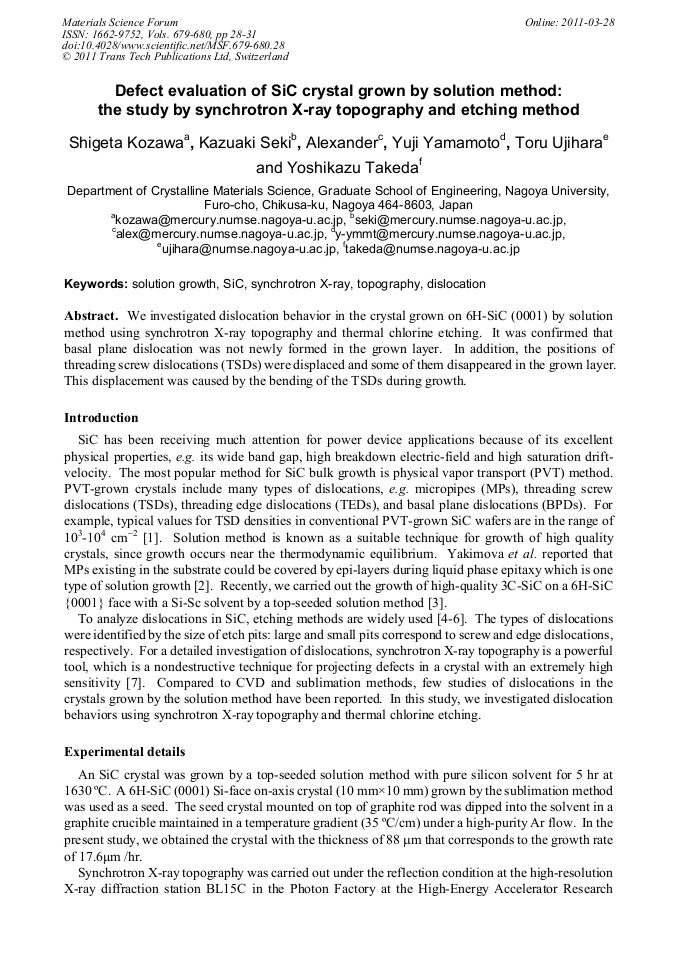Defect Evaluation of SiC Crystal Grown by Solution Method: The Study by ...