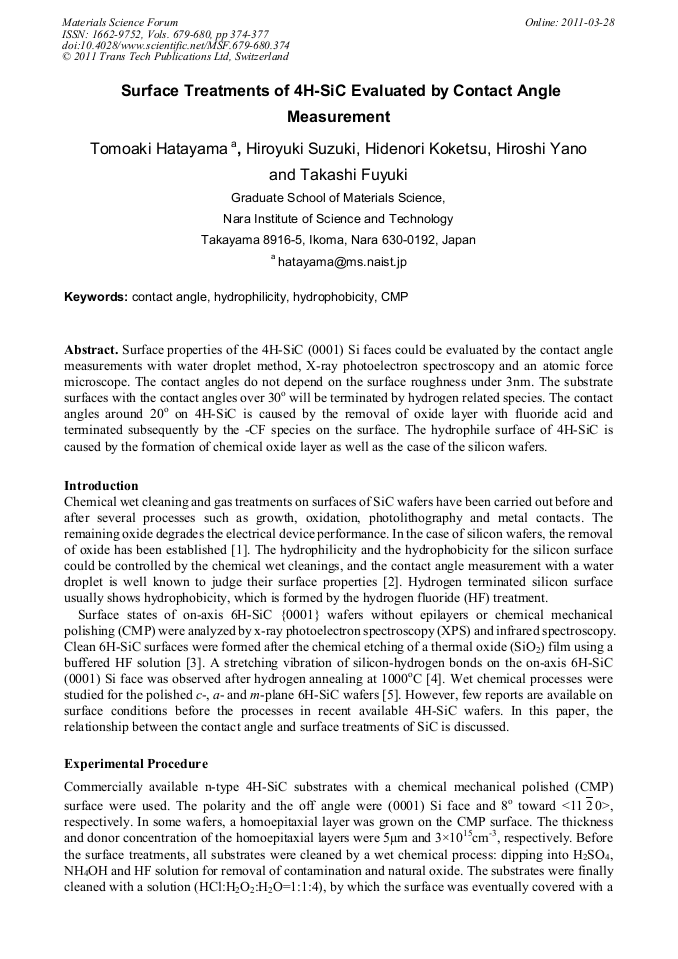 Surface Treatments of 4H-SiC Evaluated by Contact Angle Measurement ...