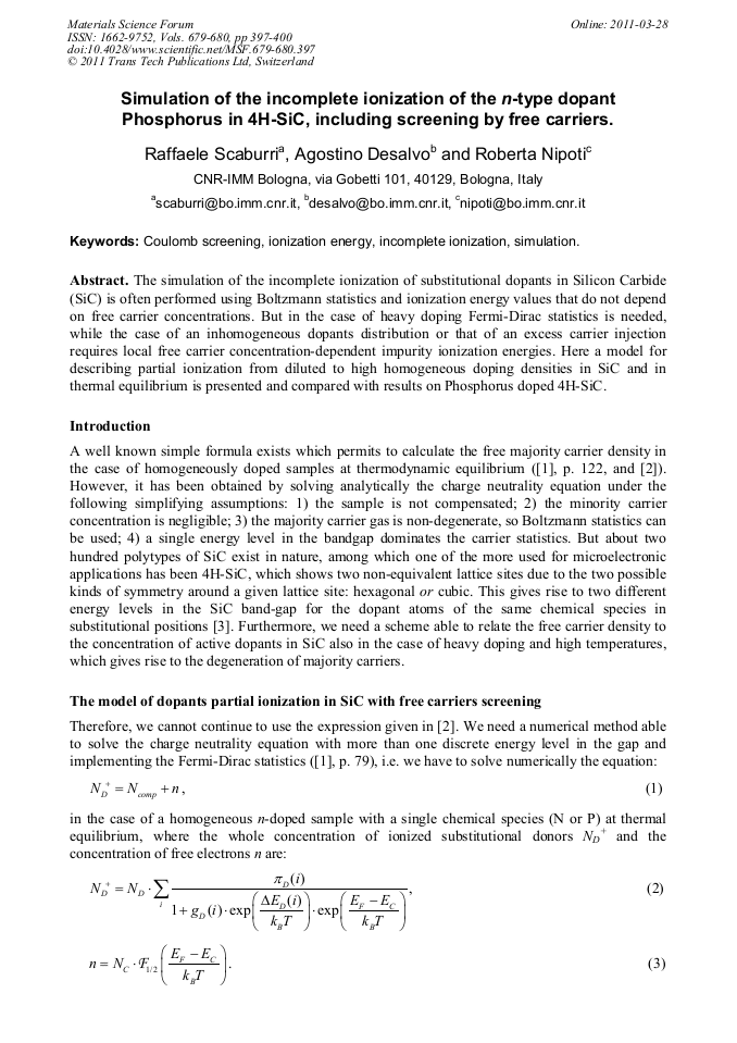 Simulation of the Incomplete Ionization of the n-Type Dopant Phosphorus ...