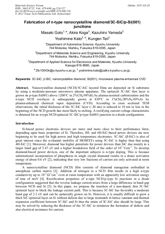 Fabrication of n-Type Nanocrystalline Diamond/3C-SiC/p-Si(001 ...