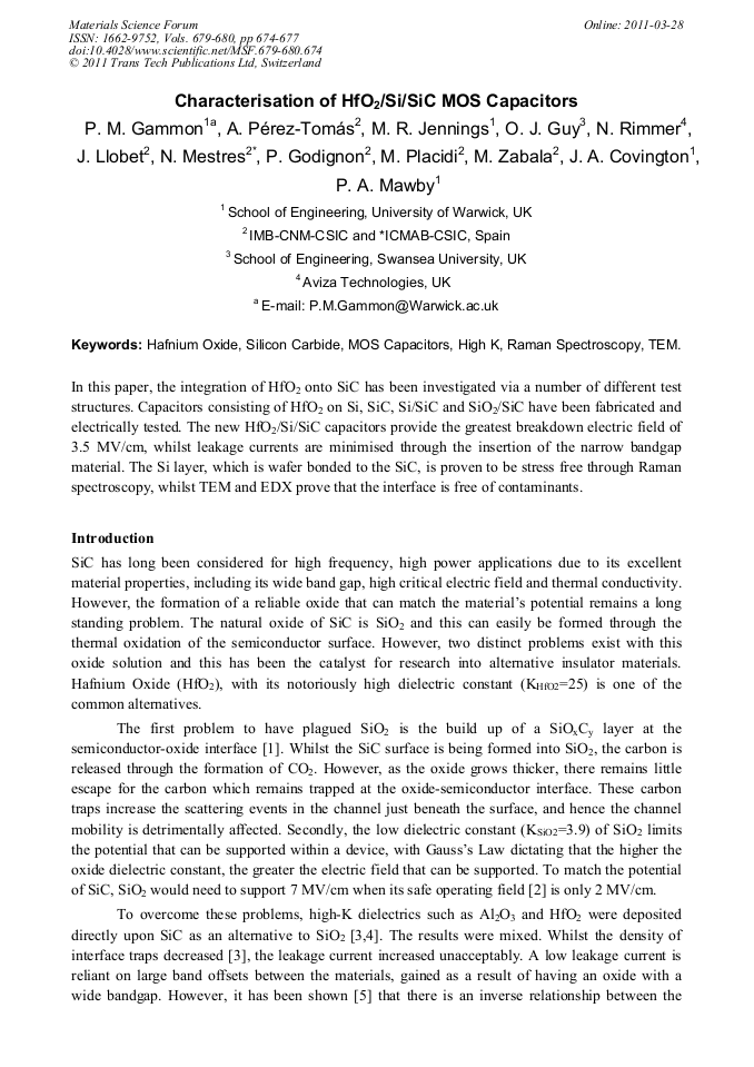 Characterisation of HfO2/Si/SiC MOS Capacitors | Scientific.Net