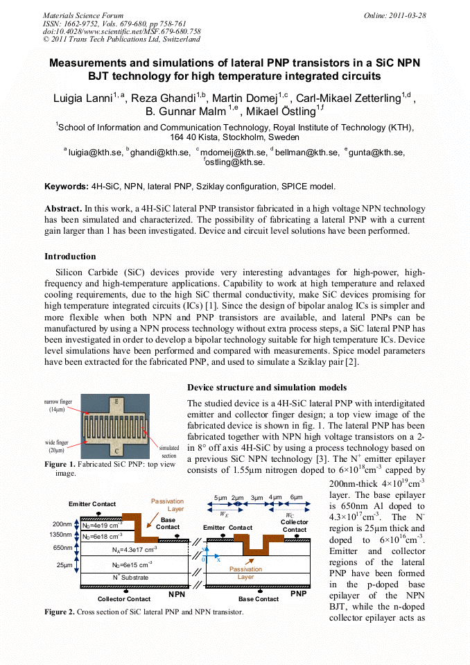Measurements and Simulations of Lateral PNP Transistors in a SiC NPN ...