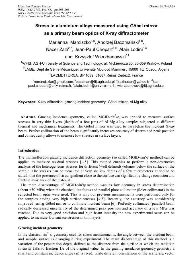 Stress in Aluminium Alloys Measured Using Göbel Mirror as a Primary ...