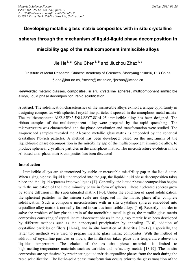 Developing Metallic Glass Matrix Composites with In Situ Crystalline ...