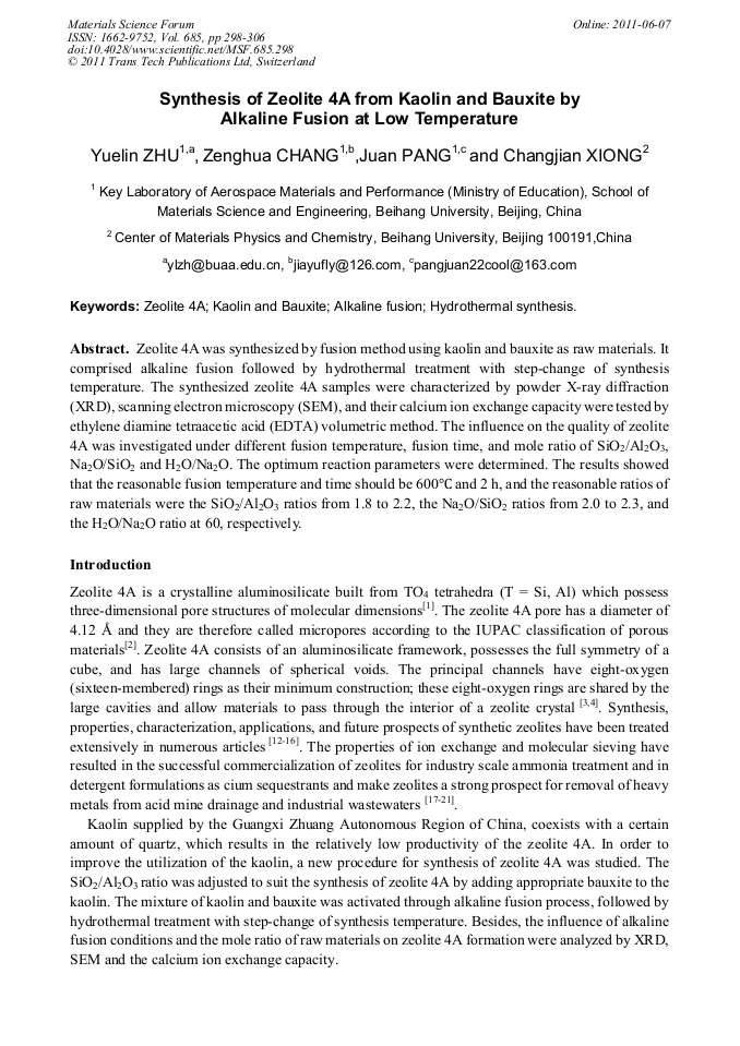 Synthesis of Zeolite 4A from Kaolin and Bauxite by Alkaline Fusion at ...
