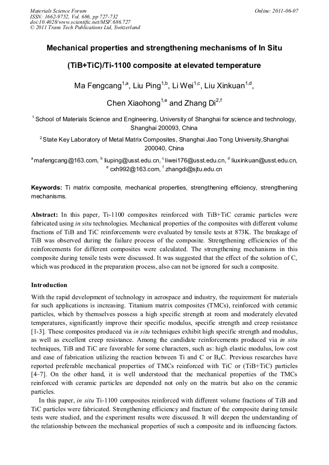 Mechanical Properties and Strengthening Mechanisms of In Situ (TiB+TiC ...