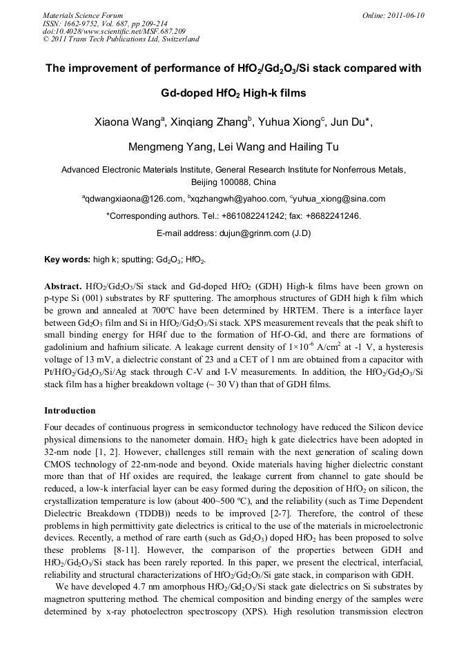 The Improvement of Performance of HfO2/Gd2O3/Si Stack Compared with Gd ...