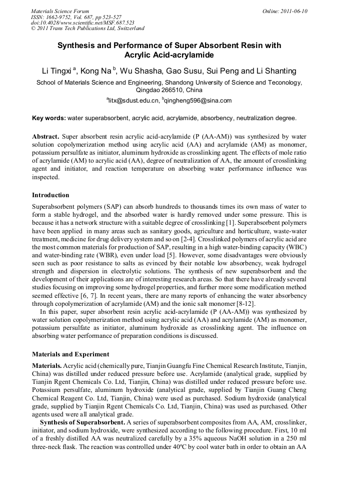 Synthesis and Performance of Super Absorbent Resin with Acrylic Acid ...