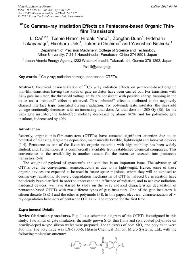 60Co Gamma–Ray Irradiation Effects on Pentacene-Based Organic Thin-Film ...
