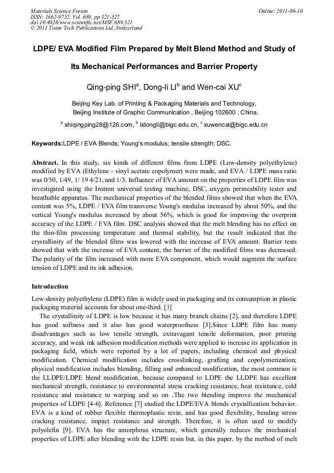 LDPE/EVA Modified Film Prepared by Melt Blend Method and Study of its ...