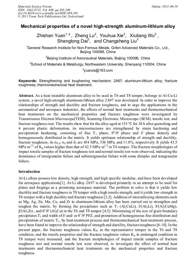 Mechanical Properties of a Novel High-Strength Aluminum-Lithium Alloy ...