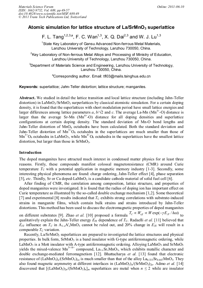 Atomic Simulation for Lattice Structure of La/SrMnO3 Superlattice ...