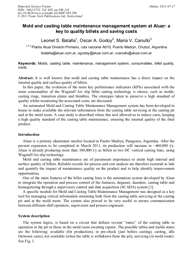 Mold and Casting Table Maintenance Management System at Aluar: A Key to ...