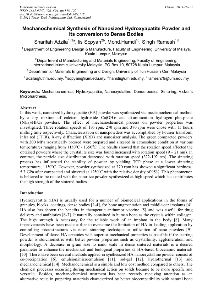Mechanochemical Synthesis of Nanosized Hydroxyapatite Powder and its ...