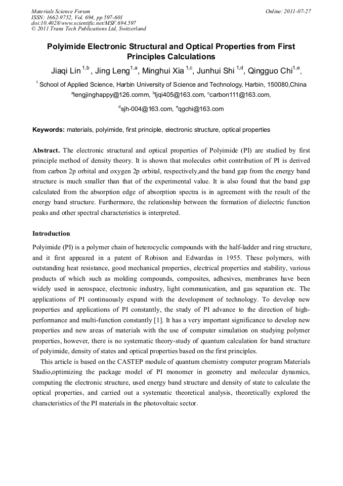 Polyimide Electronic Structural and Optical Properties from First ...