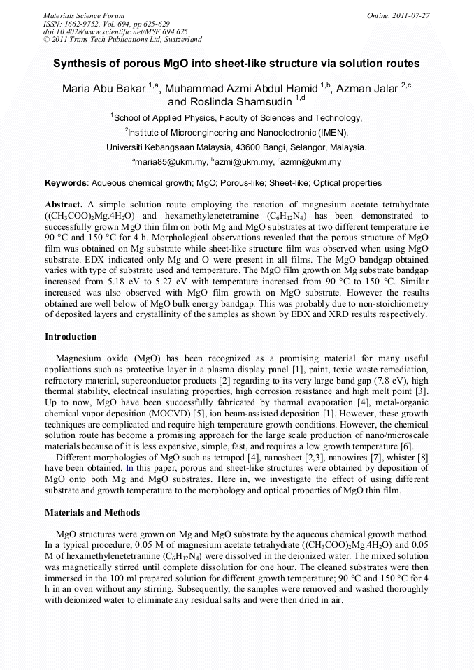 Synthesis of Porous MgO into Sheet-Like Structure via Solution Routes ...