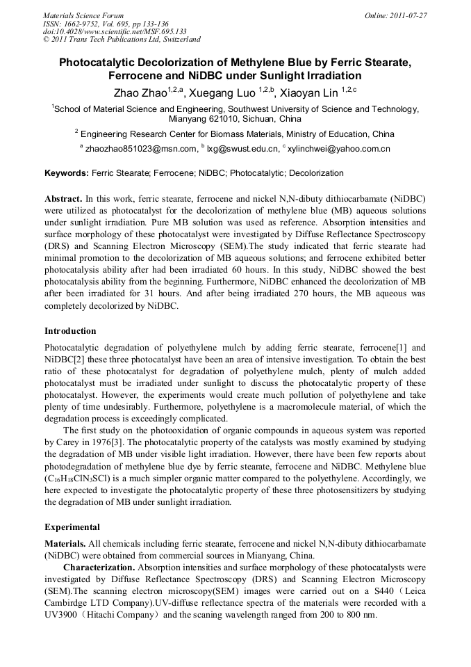 Photocatalytic Decolorization of Methylene Blue by Ferric Stearate ...