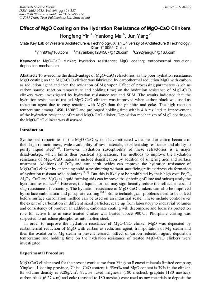 Effect of MgO Coating on the Hydration Resistance of MgO-CaO Clinkers ...