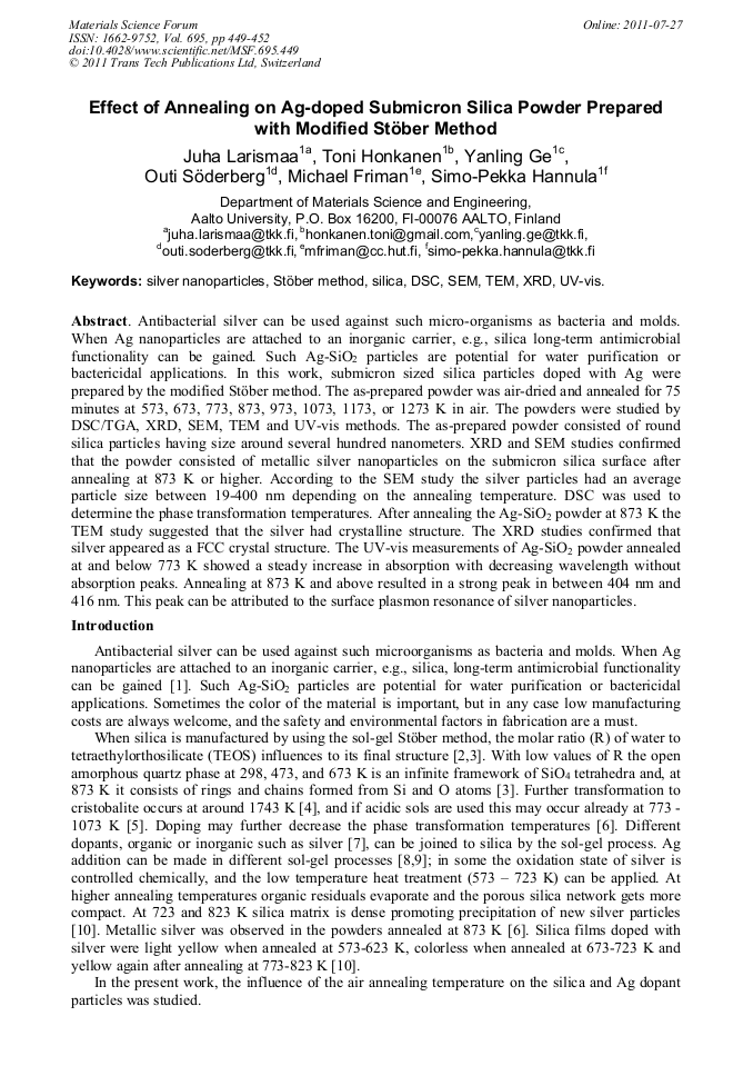 Effect of Annealing on Ag-Doped Submicron Silica Powder Prepared with ...