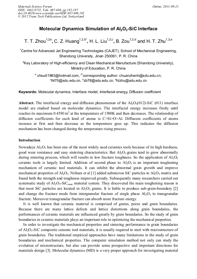 Molecular Dynamics Simulation of Al2O3-SiC Interface | Scientific.Net