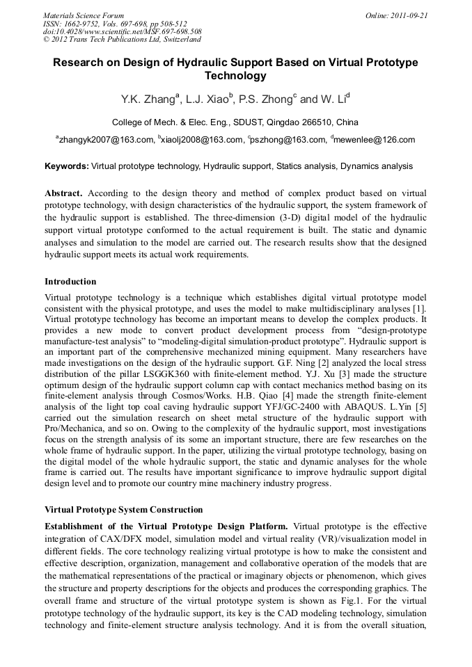 Research on Design of Hydraulic Support Based on Virtual Prototype Technology | Scientific.Net