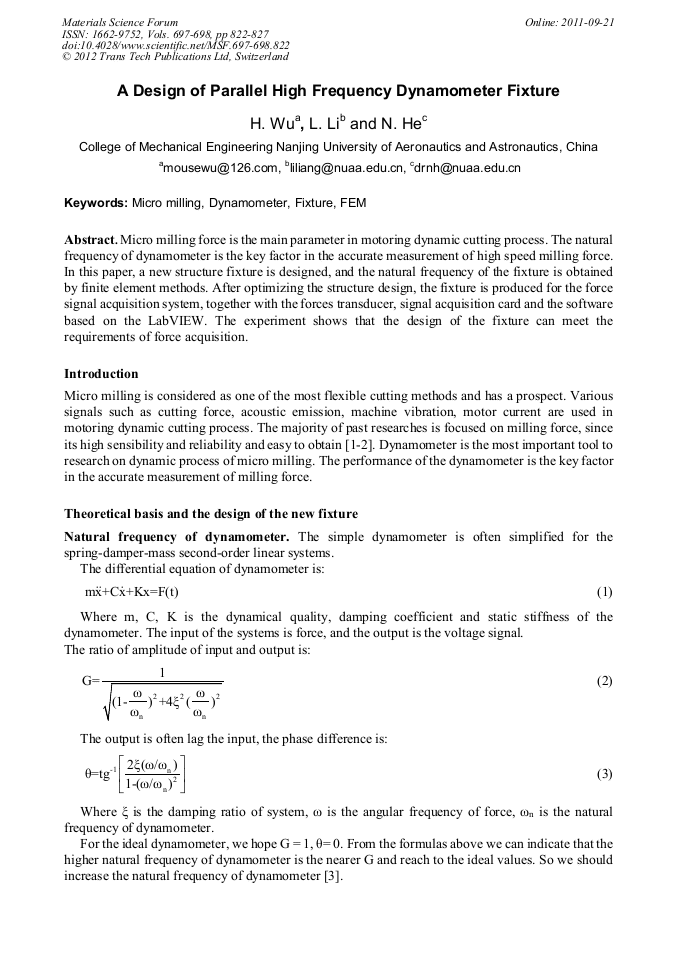 A Design of Parallel High Frequency Dynamometer Fixture | Scientific.Net