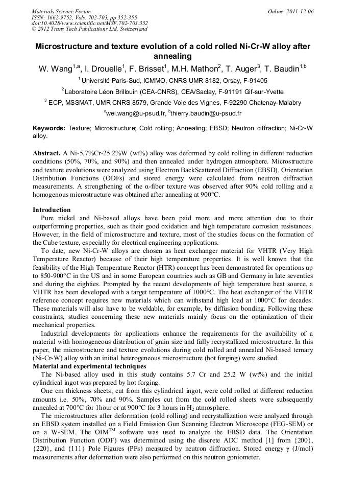 Microstructure And Texture Evolution Of A Cold Rolled Ni Cr W Alloy After Annealing Scientific Net