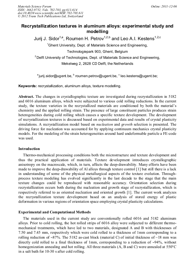 Recrystallization Textures in Aluminum Alloys: Experimental Study and ...