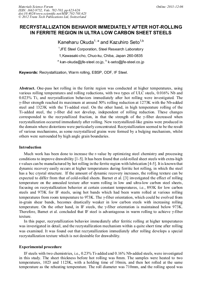 Recrystallization Behavior Immediately after Hot-Rolling in Ferrite ...