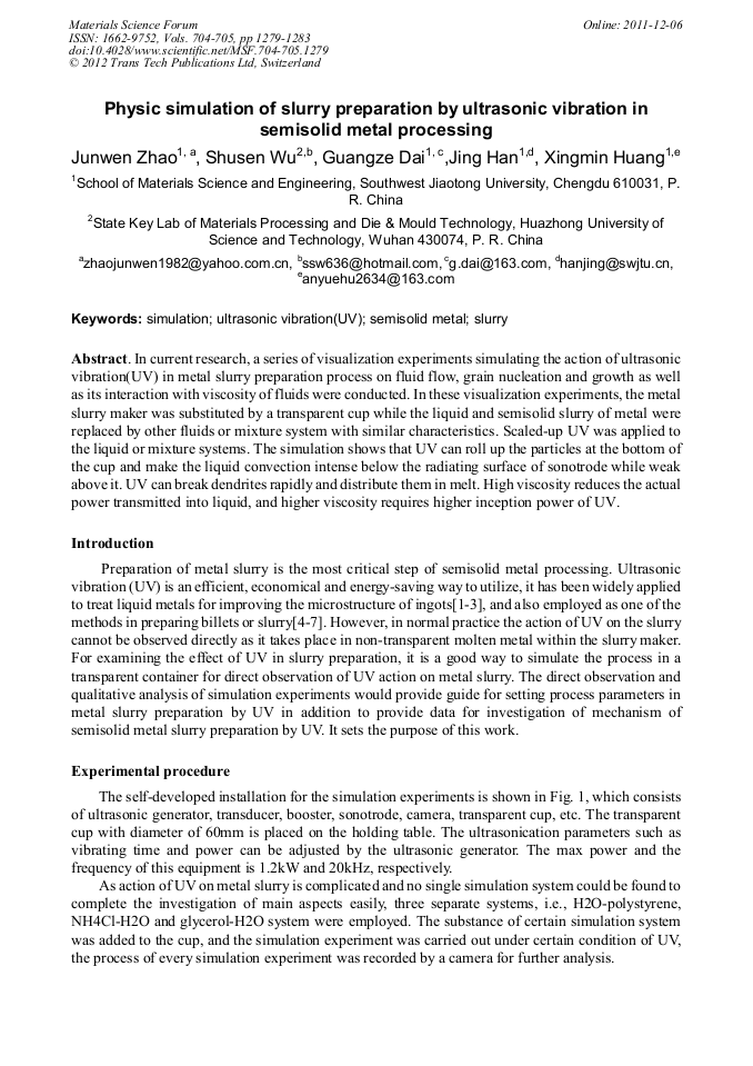 Physic Simulation of Slurry Preparation by Ultrasonic Vibration in ...