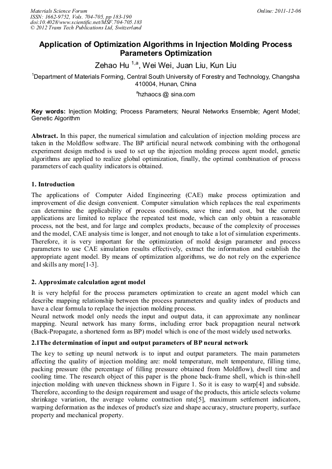 Application of Optimization Algorithms in Injection Molding Process Parameters Optimization ...