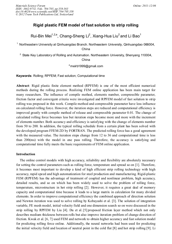 Rigid Plastic FEM Model of Fast Solution to Strip Rolling | Scientific.Net