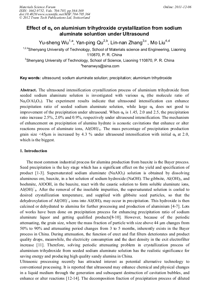 Effect of αk on Aluminium Trihydroxide Crystallization from Sodium ...