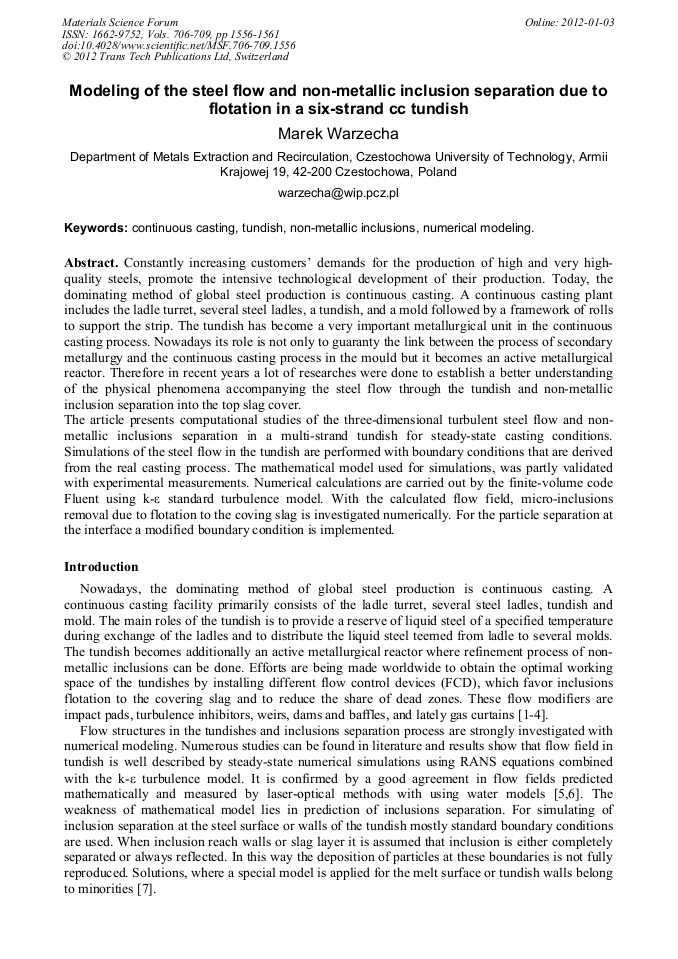 Modeling of the Steel Flow and Non-Metallic Inclusion Separation due to ...