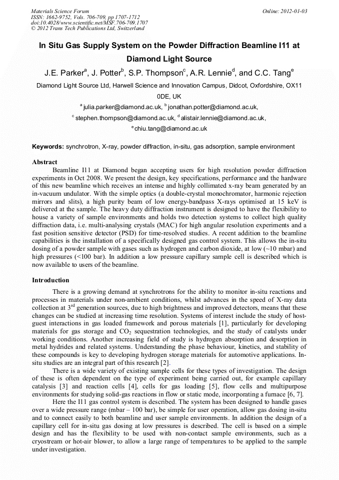 In Situ Gas Supply System on the Powder Diffraction Beamline I11 at ...