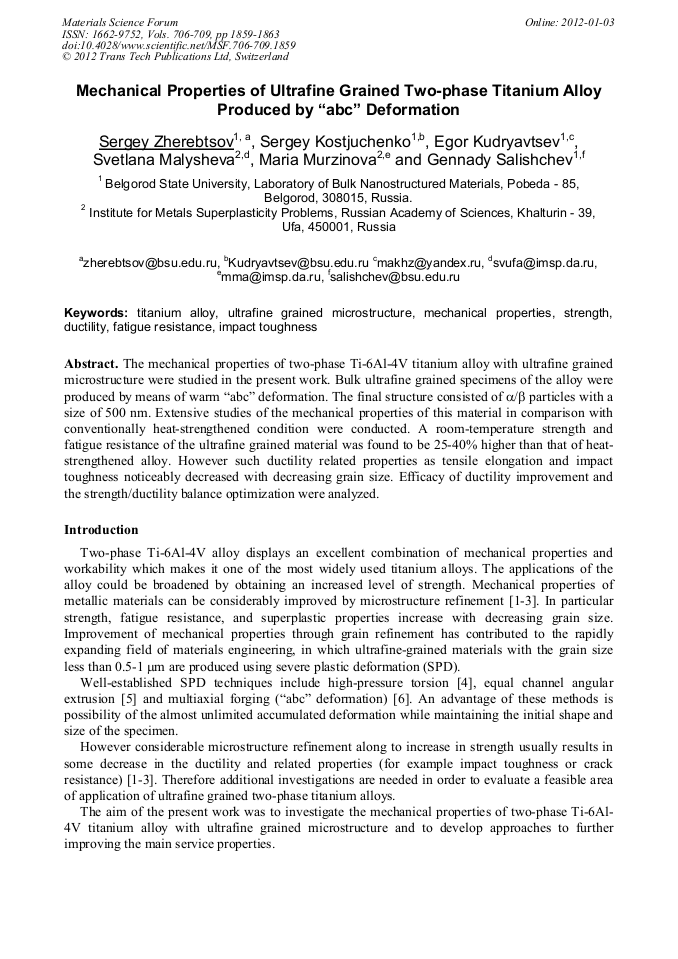 Mechanical Properties of Ultrafine Grained Two-Phase Titanium Alloy Produced by “abc ...