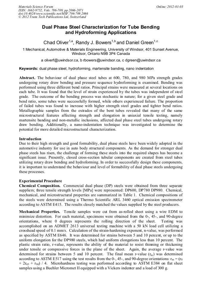 Dual Phase Steel Characterization for Tube Bending and Hydroforming ...