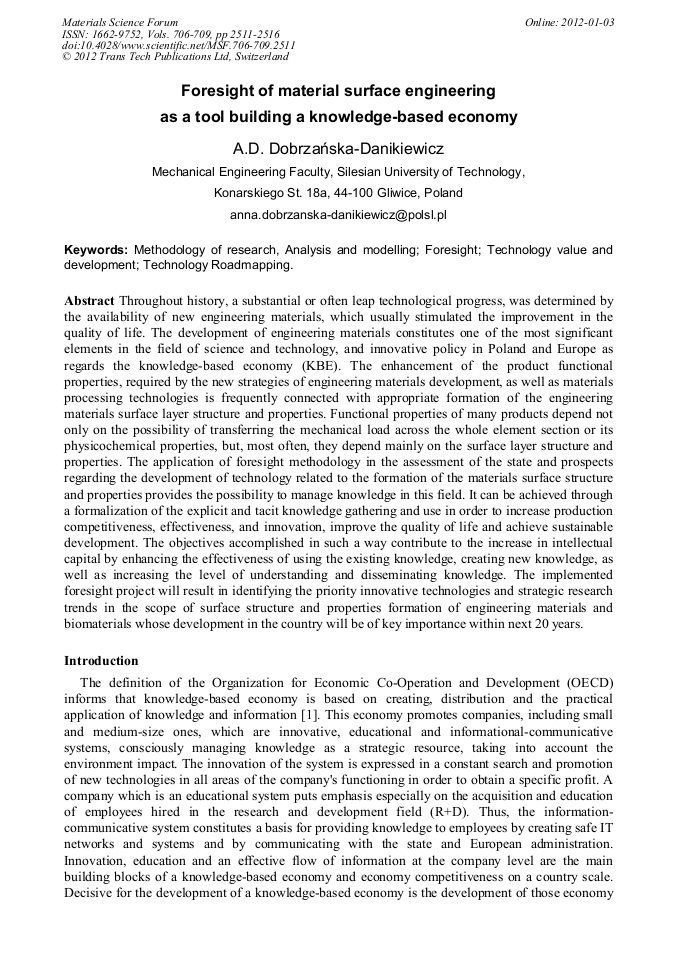 Foresight of Material Surface Engineering as a Tool Building a ...