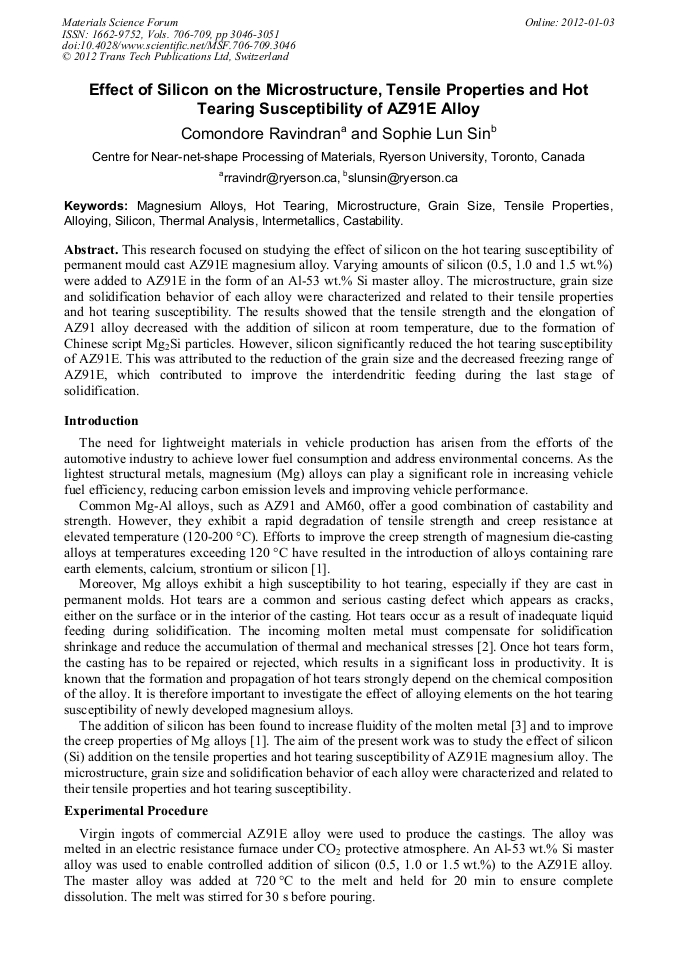 Effect of Silicon on the Microstructure, Tensile Properties and Hot Tearing Susceptibility of ...