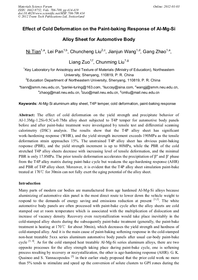 Effect of Cold Deformation on the Paint-Baking Response of Al-Mg-Si ...