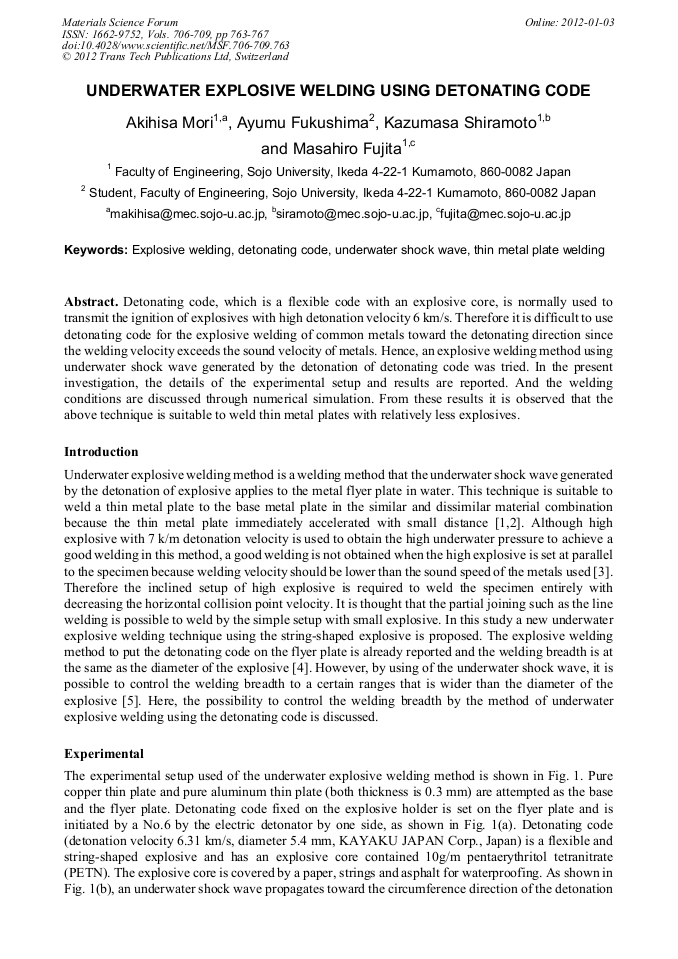 Underwater Explosive Welding Using Detonating Code | Scientific.Net