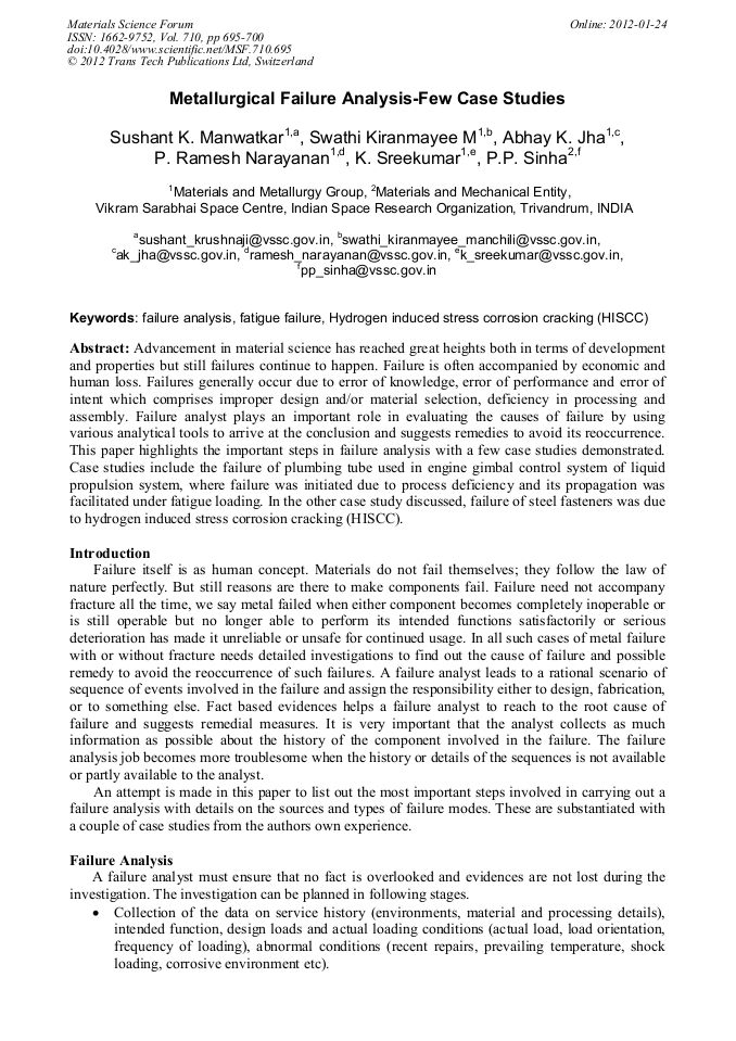 Metallurgical Failure Analysis-Few Case Studies | Scientific.Net