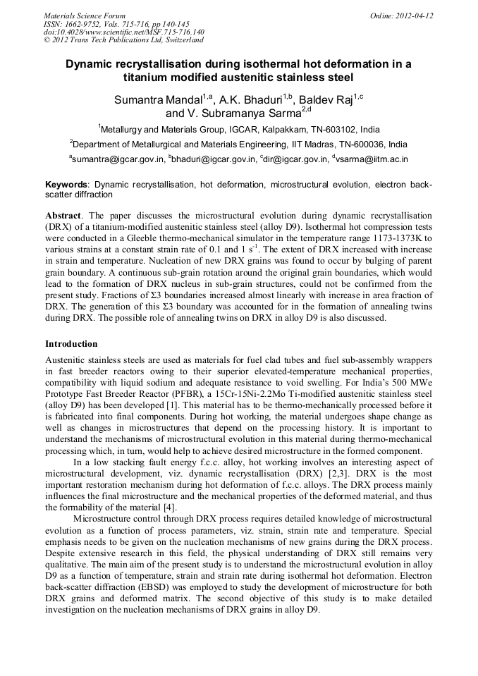 Dynamic Recrystallisation During Isothermal Hot Deformation In A