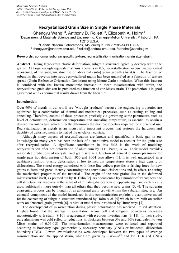 Recrystallized Grain Size in Single Phase Materials | Scientific.Net