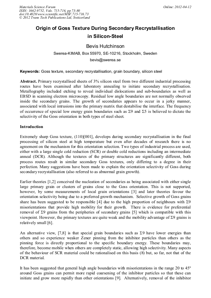 Origin of Goss Texture during Secondary Recrystallisation in Silicon ...